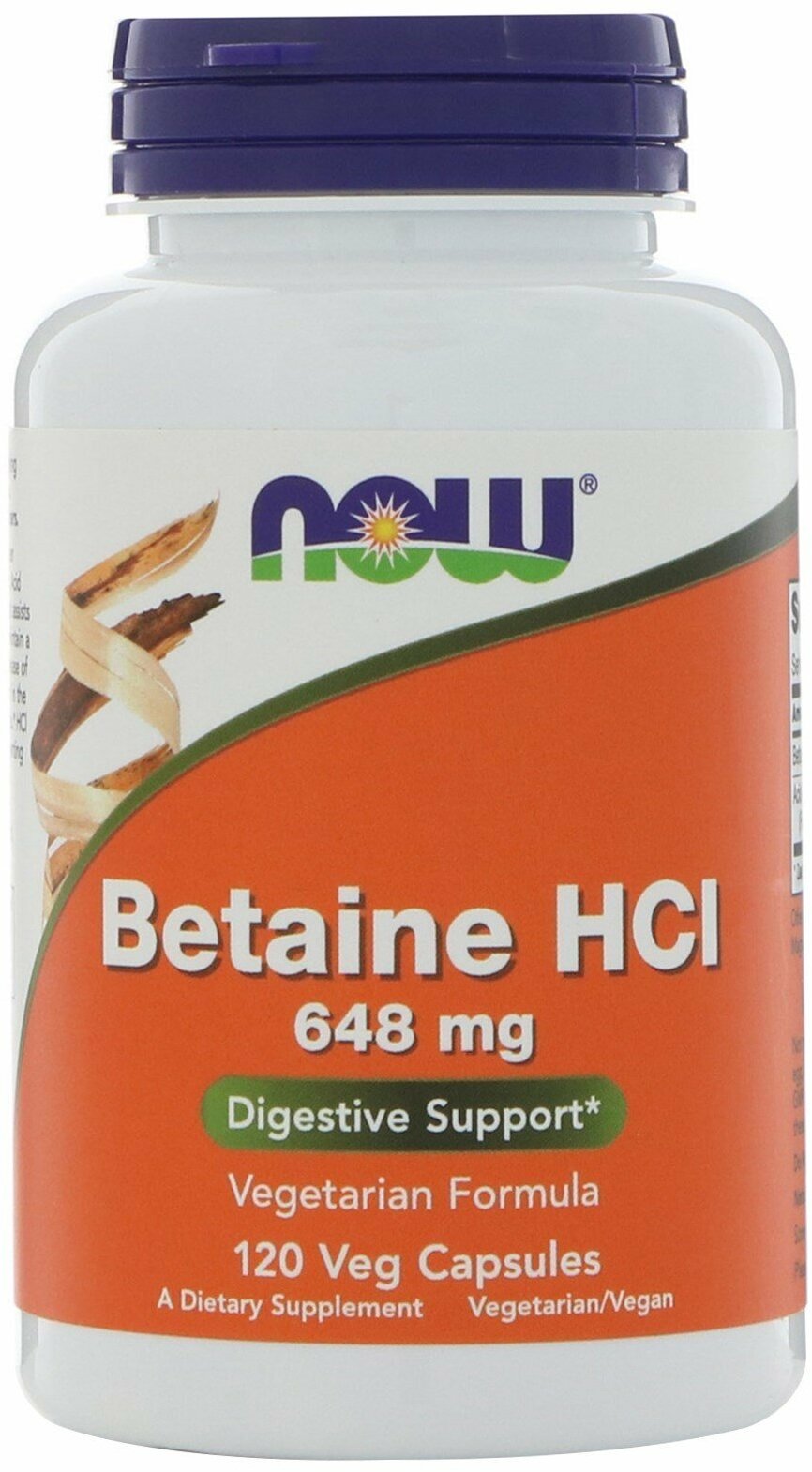 NOW Betaine HCL, Бетаин для пищеварения, поддержка, 100г, в капсулах, 120 штук