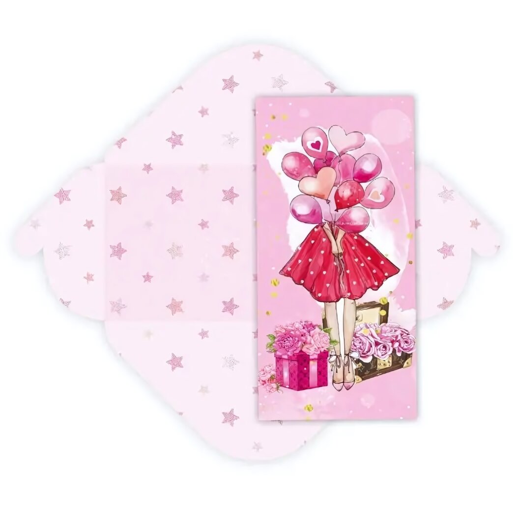 Конверт для денег стандарт «Девушка с шариками», бумага, светло-розовый фон