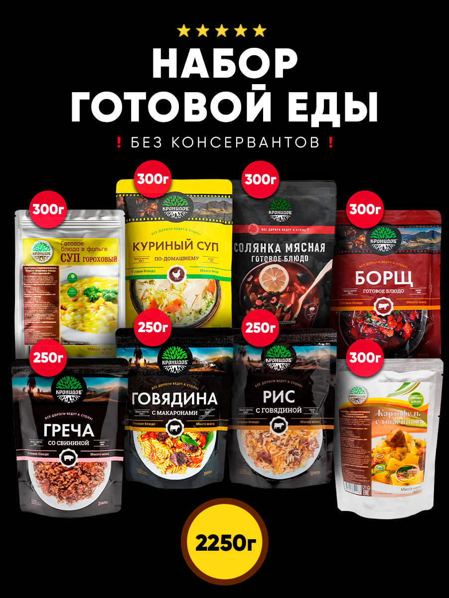Набор из 8 готовых блюд Кронидов: Суп гороховый/ Куриный суп по-домашнему/ Борщ/ Греча со свининой/ Макароны с говядиной/ Рис с говядиной/ Картофель с говядиной. Готовая еда