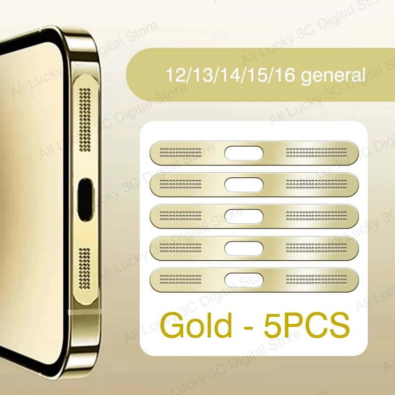 Металлическая пылезащитная сетка для IPhone 12, 13, 14, 15, 16 Pro Max, динамик, пылезащитная сетка, порт для зарядки, защита от царапин, наклейка, аксессуары 5 PCS - Gold