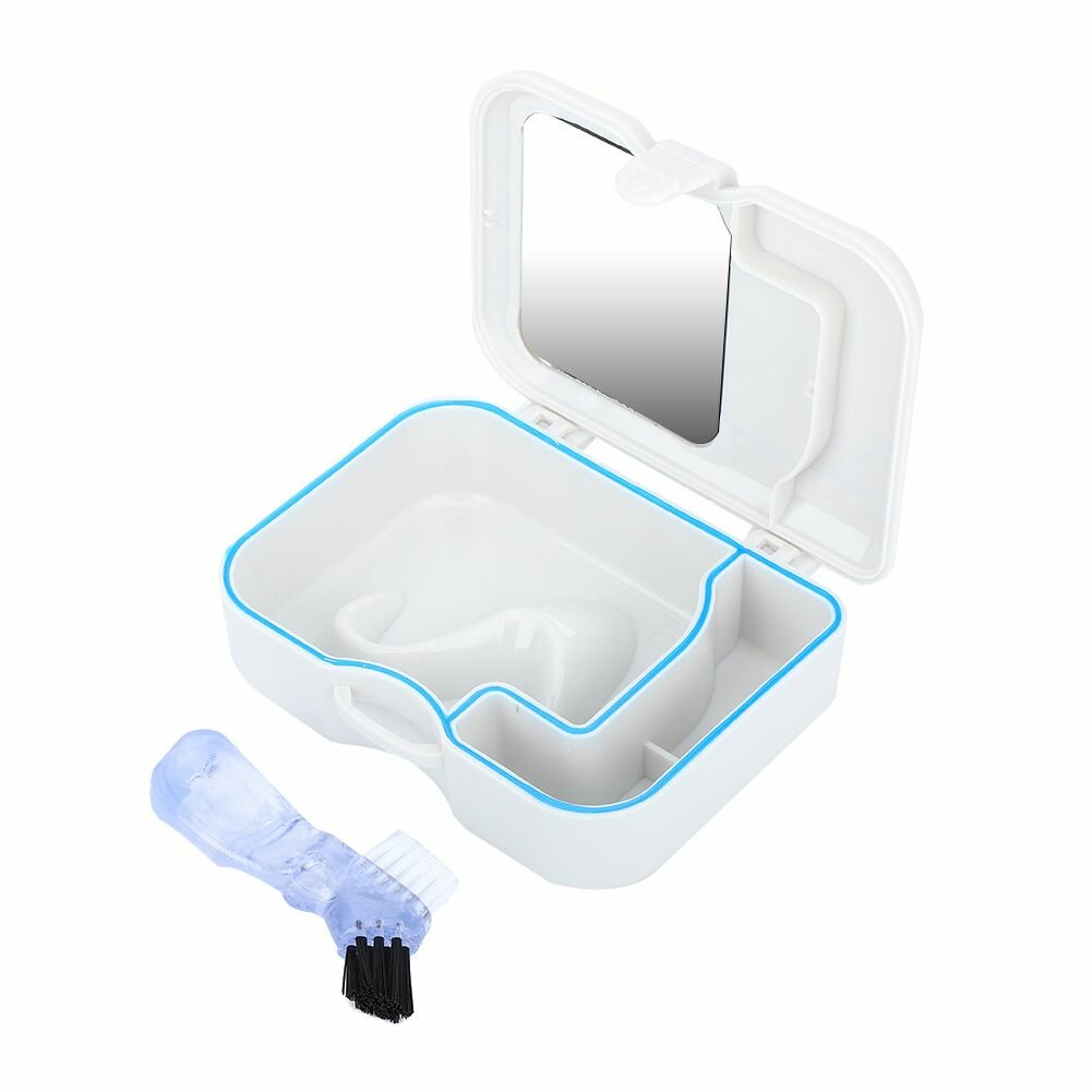 Контейнер для хранения зубных протезов с зеркалом и чистящей щеткой, удобный и безопасный, 100% новый, серый