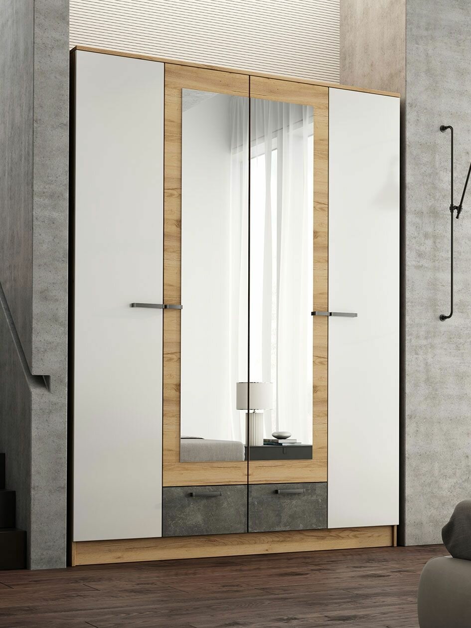 Распашной шкаф Адель с двумя штангами, с ящиками, с зеркалом, 160х47х210 см, Дуб Вотан / Белый гладкий / Бетон темный