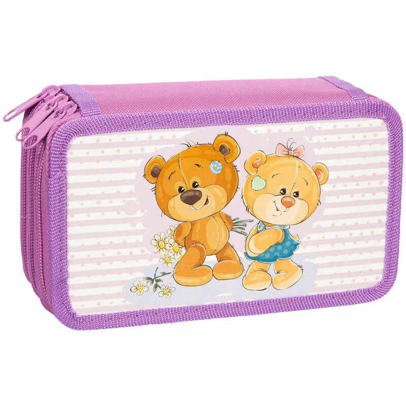 Пенал ArtSpace Мишки, 19x11x6 см, сиреневый, на молнии, 3 отсека