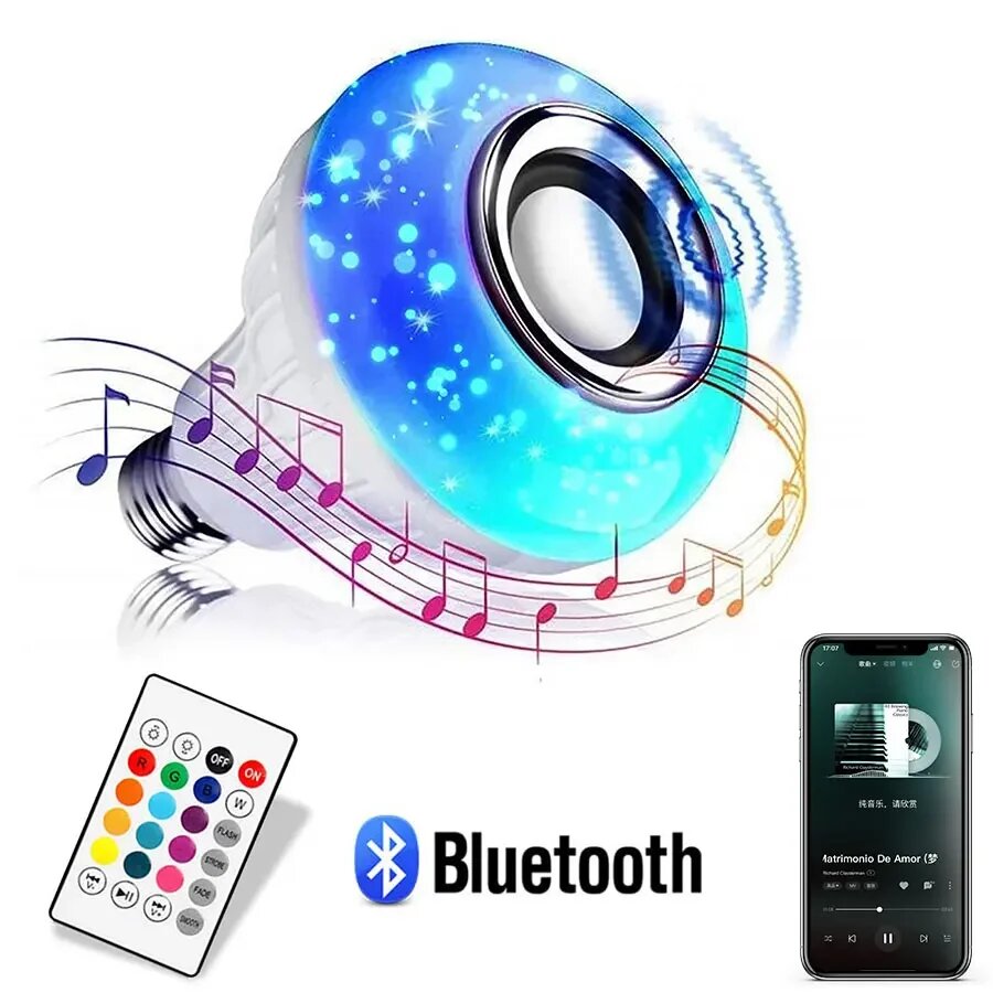 JYL E27 Bluetooth Speaker Music Bulb — Умная RGB-лампа с динамиком, пультом ДУ и голосовым управлением для декора и освещения (12W, 85-265V)