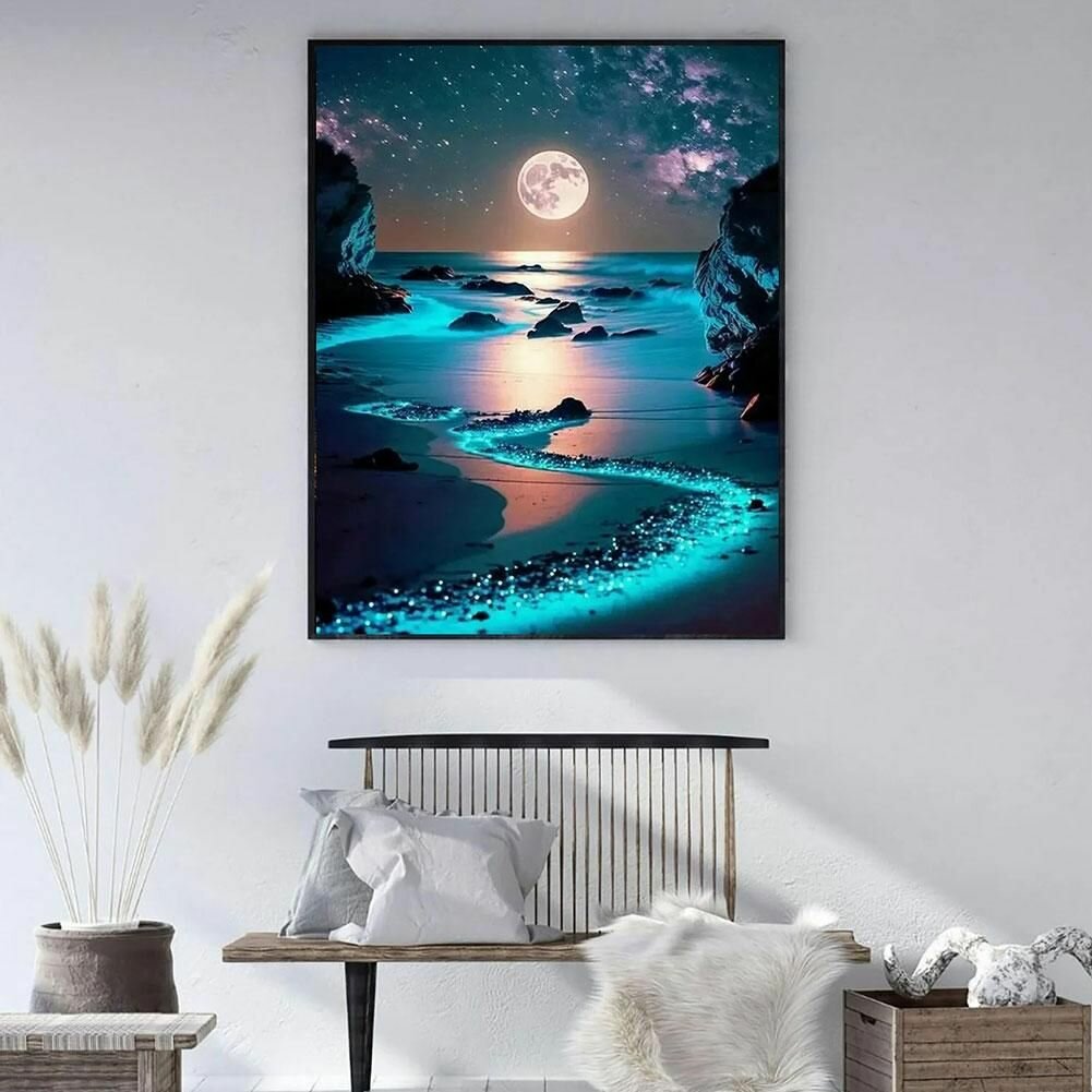 Алмазная мозаика большая картина "Пляжный лунный свет" 30х40 см со светящимся в темноте стразами и 5Д элементами