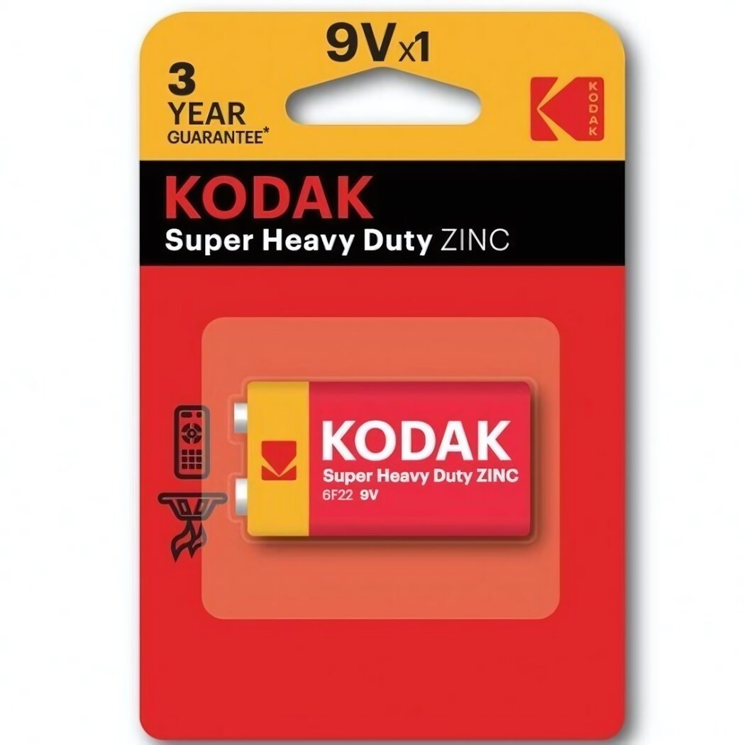 Батарейка 9V 6F22 zinc super heavy duty, «Kodak», гарантия 3 года, стандартная, для пульта, одного элемента