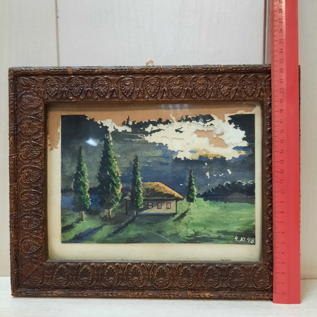 Картина "Крымский пейзаж" в рамке, СССР, 1948, акварель