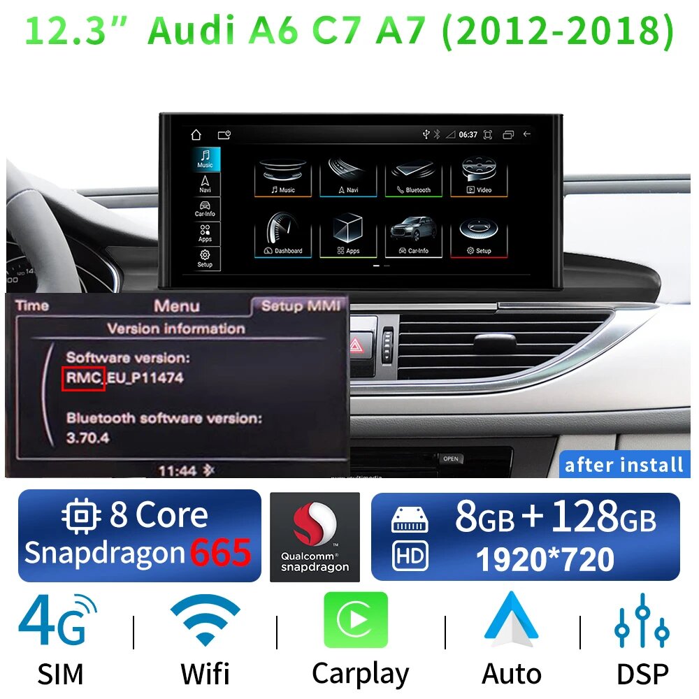 12,3 сенсорный экран Android 14, автомобильная мультимедийная стереосистема для Audi A6 C7 A7 2012-2018 HD 1920*720 BT Carplay GPS Navi, радиоплеер