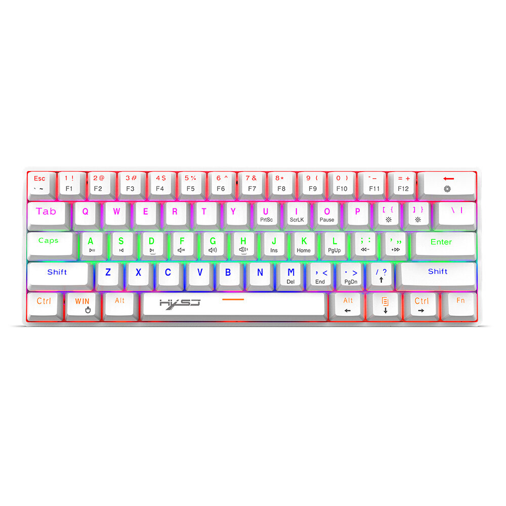 Клавиатура механическая проводная HXSJ V900, 61 клавиша, компактная, RGB подсветка, N-key Rollover, синяя переключатель, двойной шот кепсы, белый цвет, Type-C, длина кабеля 175cm, PC Win98SE/Me/2000/XP/VISTA/WIN 7/Win 10
