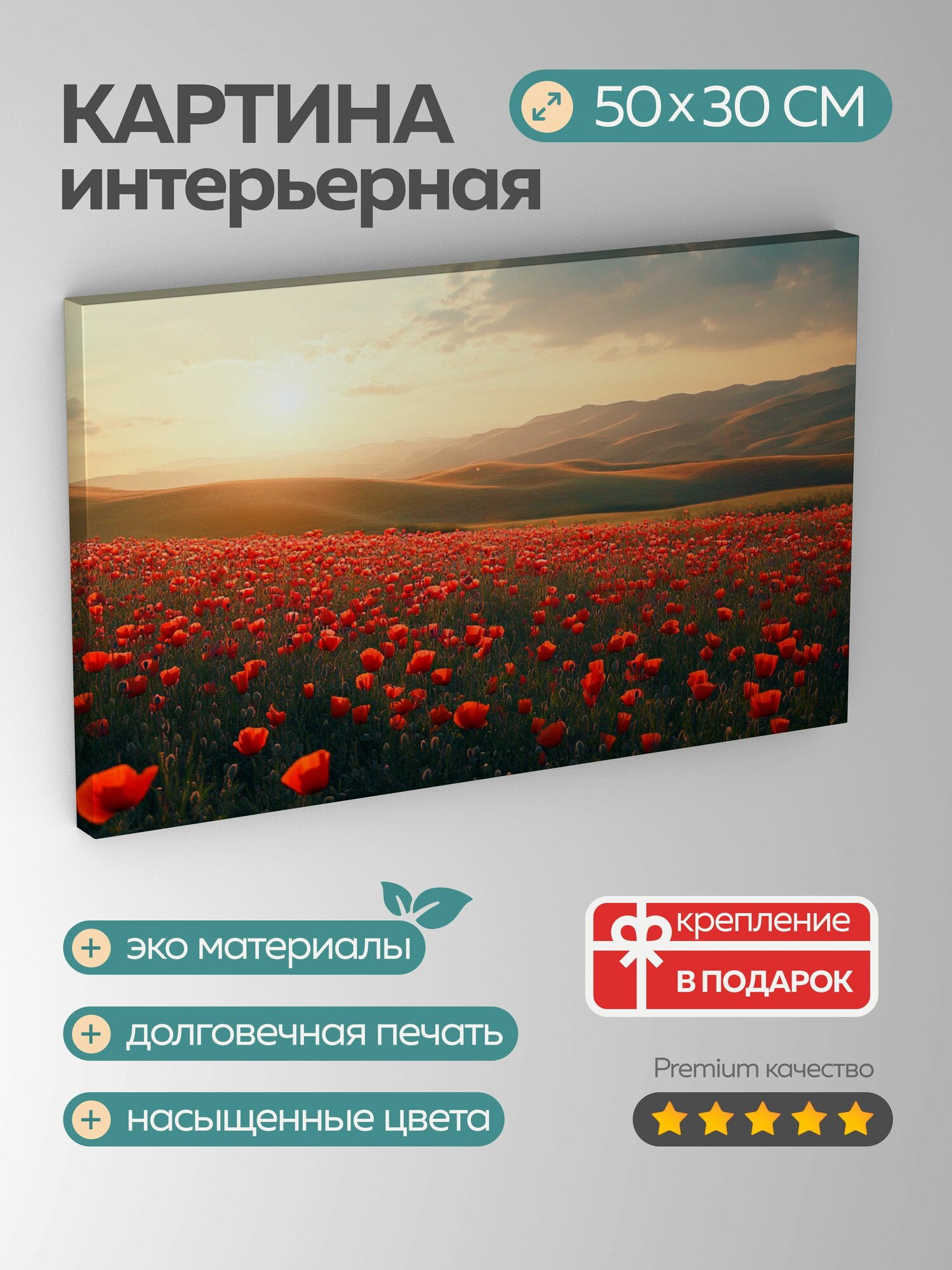 Картина на холсте интерьерная 50х30 см, маки, поле, золотой час, яркие цвета, освещенные светом, холмы, голубое небо