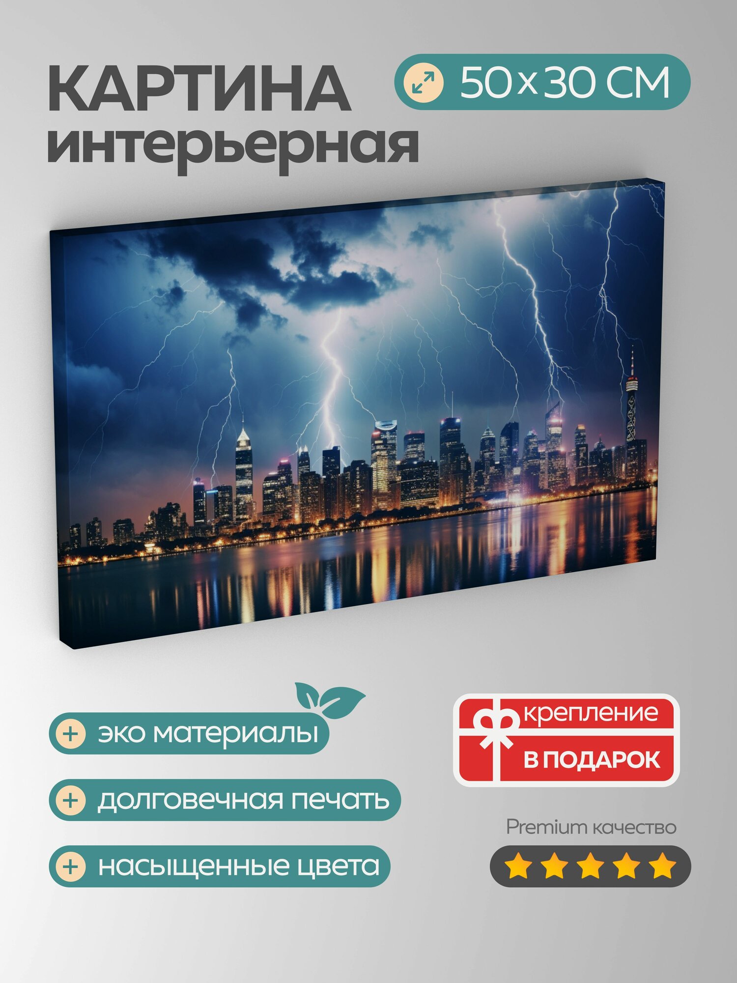 Картина на холсте интерьерная 50х30 см, гроза, ночной город, потрясающая энергия, напряженность, молнии, небо, здания