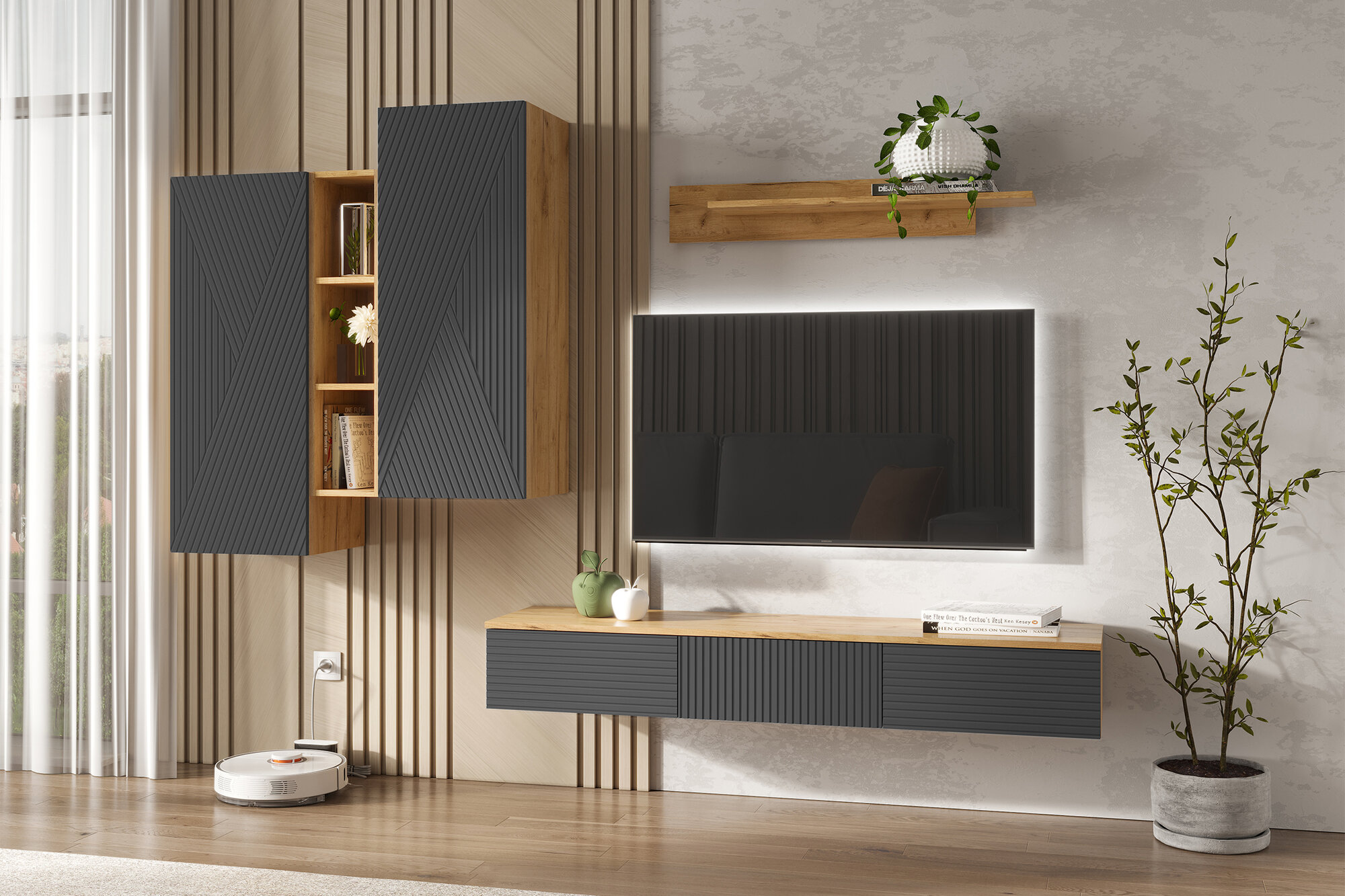 Стенка в гостиную подвесная Нонтон Флэш №2, 3 модуля, дуб крафт / браш графит