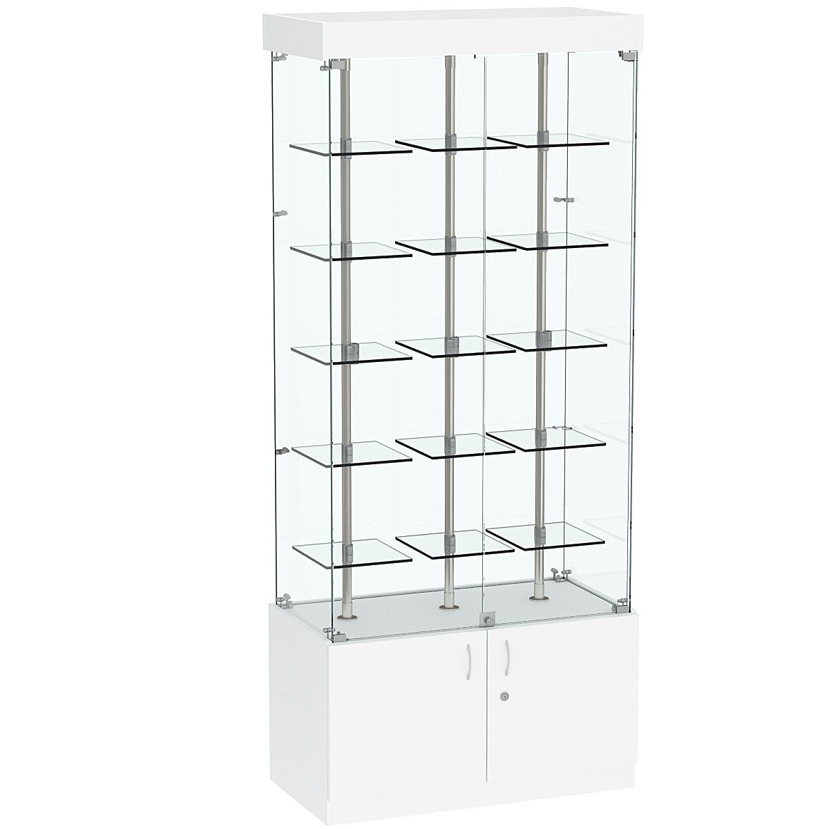 Стеклянная торговая витрина широкая с верхней подсветкой и маленькими прозрачными полками Фрактал №1-1, Белый