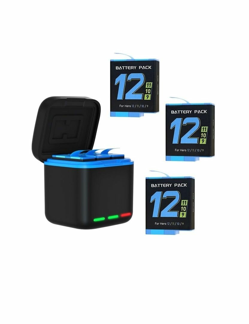 Зарядное устройство + 3 аккумулятора для экшн-камеры GoPro Hero 9/10/11/12 Black