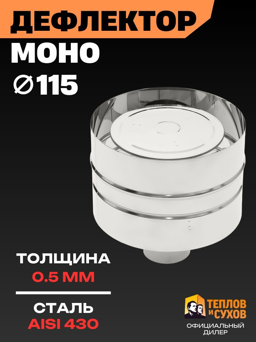 Дефлектор на трубу дымохода D 115, зонт с ветрозащитой из нержавейки AISI 430, сборка по конденсату
