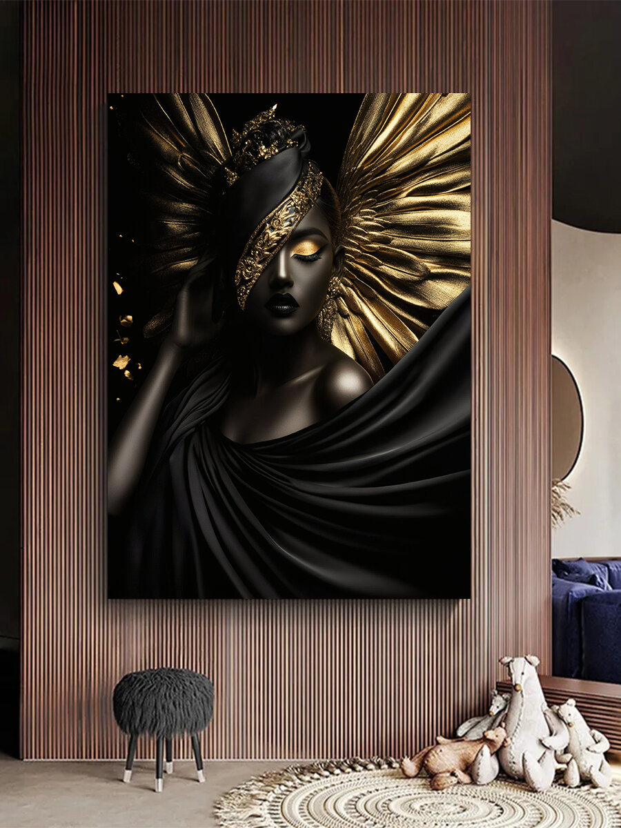 Картина на стену - "Африканка / Негритянка, лицо девушки, золото" , 50х70 см.
