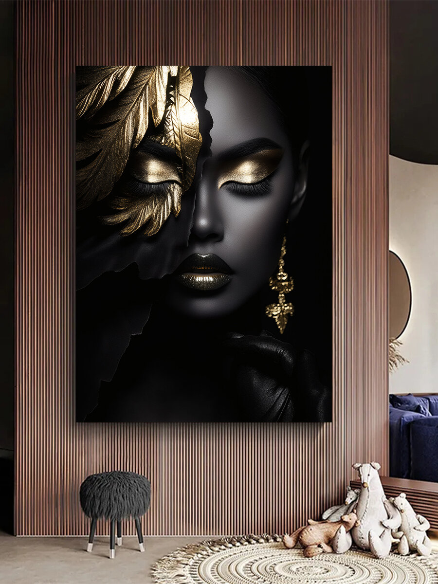 Картина на стену - "Африканка / Негритянка, лицо девушки, золото" , 50х70 см.