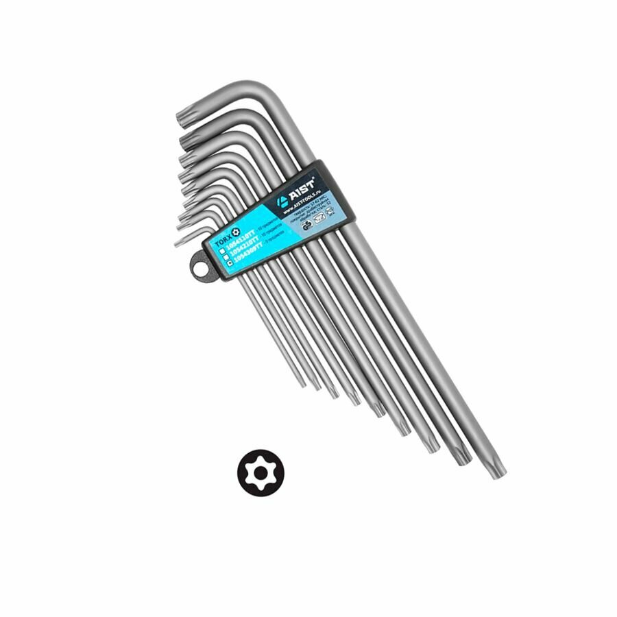 Набор ключей имбусовых Г-образных TORX Tamper (торкс звездочек) с отверстием TH10-TH50 экстра удлиненных 9 пр. AIST 1054309TT набор шестигранников торкс звездочек 6-ть лучей ТН10-ТН50