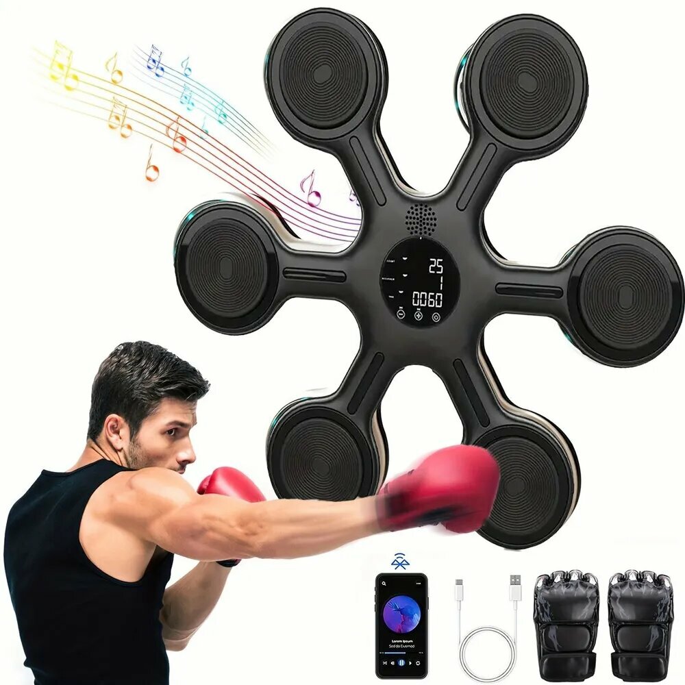 Настенная боксерская подушка, музыкой Боксерская мишень，Может быть подключен к Bluetooth，Без пробивки，Зарядка типа c