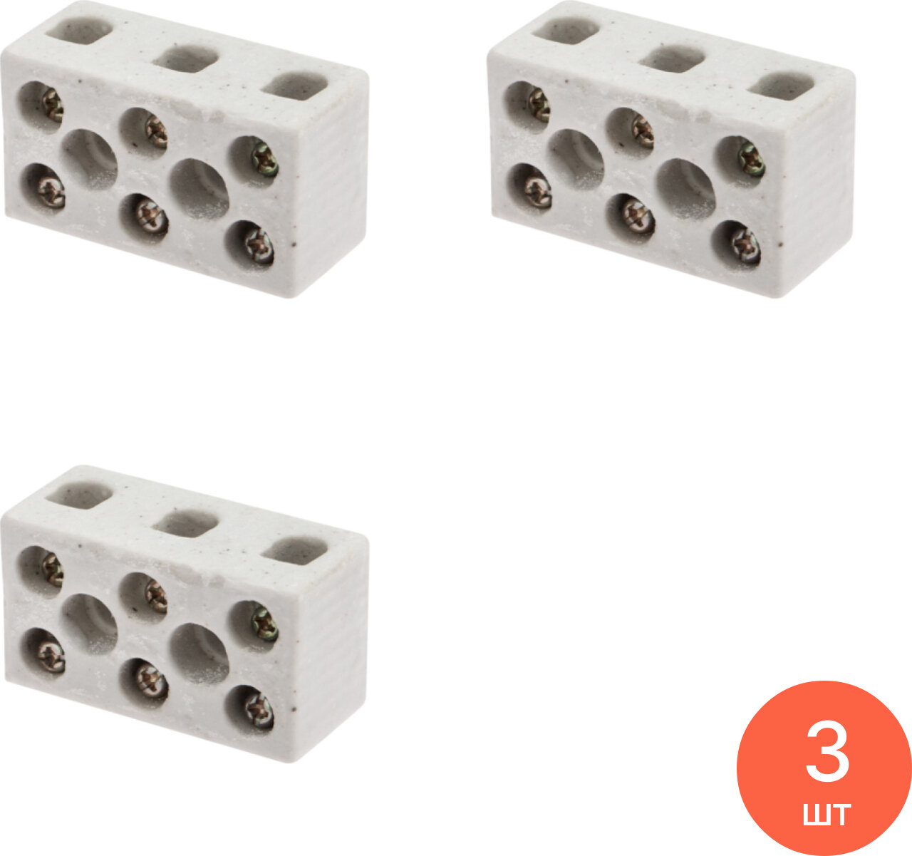 Клемма для проводов REXANT / Рексант КВ керамическая винтовая, 3 пары контактов с крепежным отверстием, белая, 4мм², 1шт. / зажим (комплект из 3 шт)