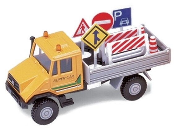 Игрушечные машинки и техника Welly 99644 Велли модель машины Mercedes-Benz Unimog с дорожными знаками