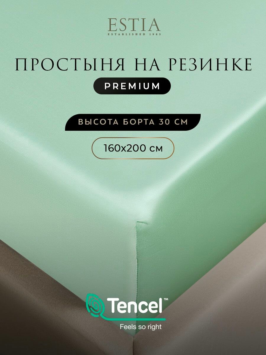ESTIA Простыня на резинке двуспальная "Орнелла" сатин, тенсель, эвкалиптовое волокно, 160x200 +30, ментоловая