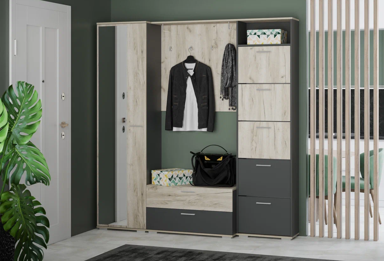 Прихожая Сильва Санти комплектация 2 (НМ 013.40+НМ 013.25+НМ 014.16-01+НМ 013.26) Антрацит, дуб крафт серый