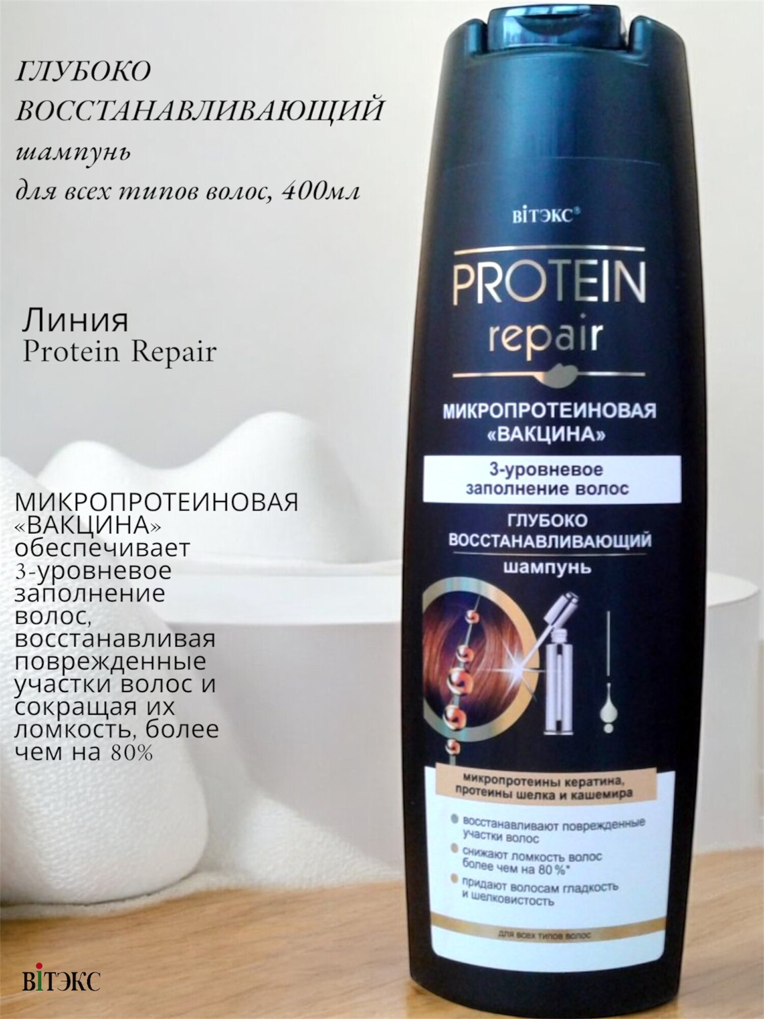 Глубоко восстанавливающий шампунь для всех типов волос витэкс микропротеиновая «вакцина», 400мл