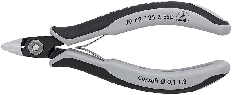 Бокорезы прецизионные ESD, острая головка, для мягких материалов, 125 мм, 2-комп антистатические ручки KNIPEX KN-7942125ZESD