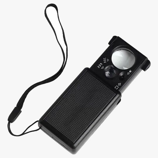 Лупа миниатюрная раздвижная с подсветкой (белый+уф) 30х/60х, 62*39*22мм MG9881