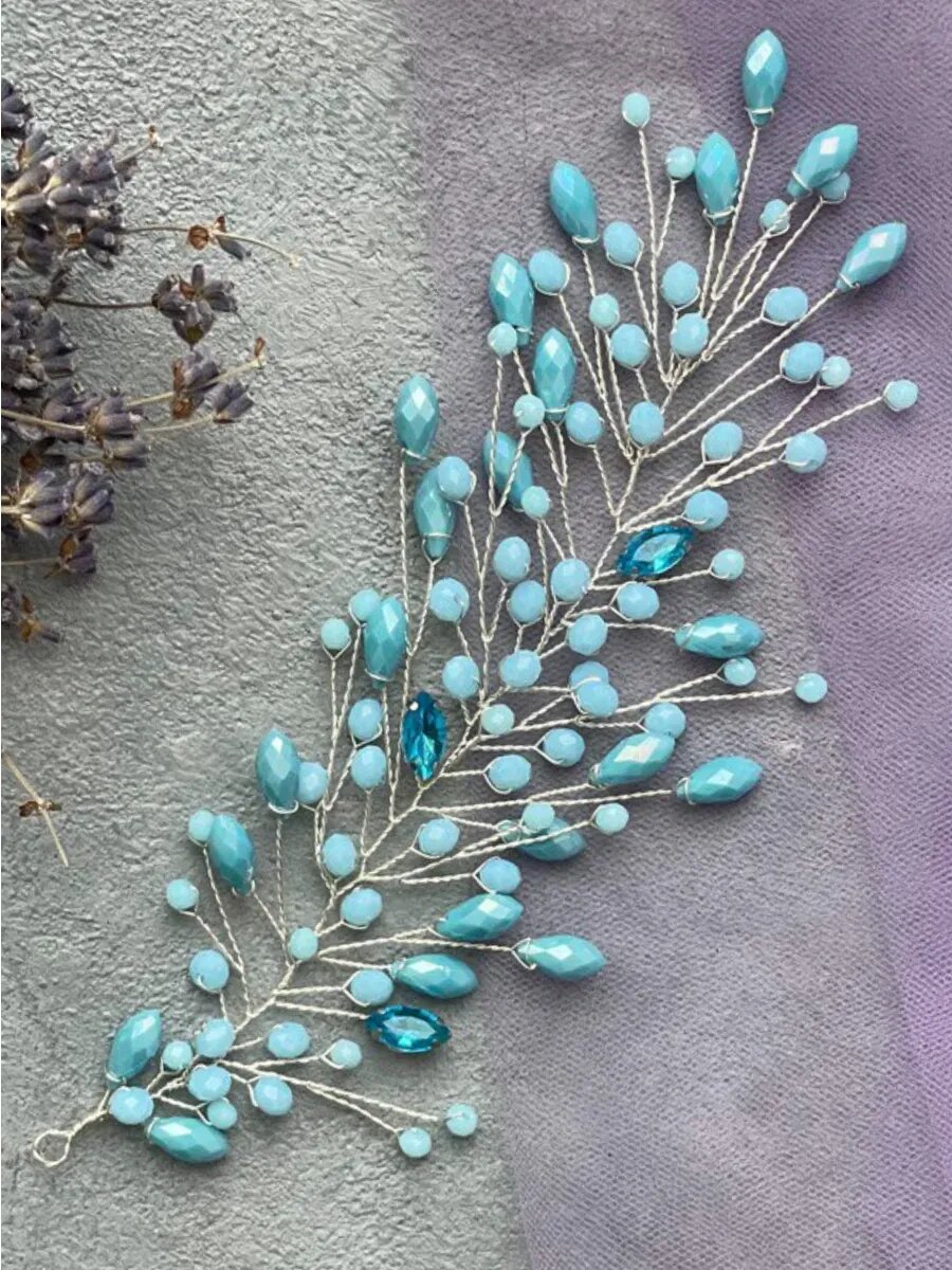 3343 Изящная голубая веточка на серебряной основе премиум А+