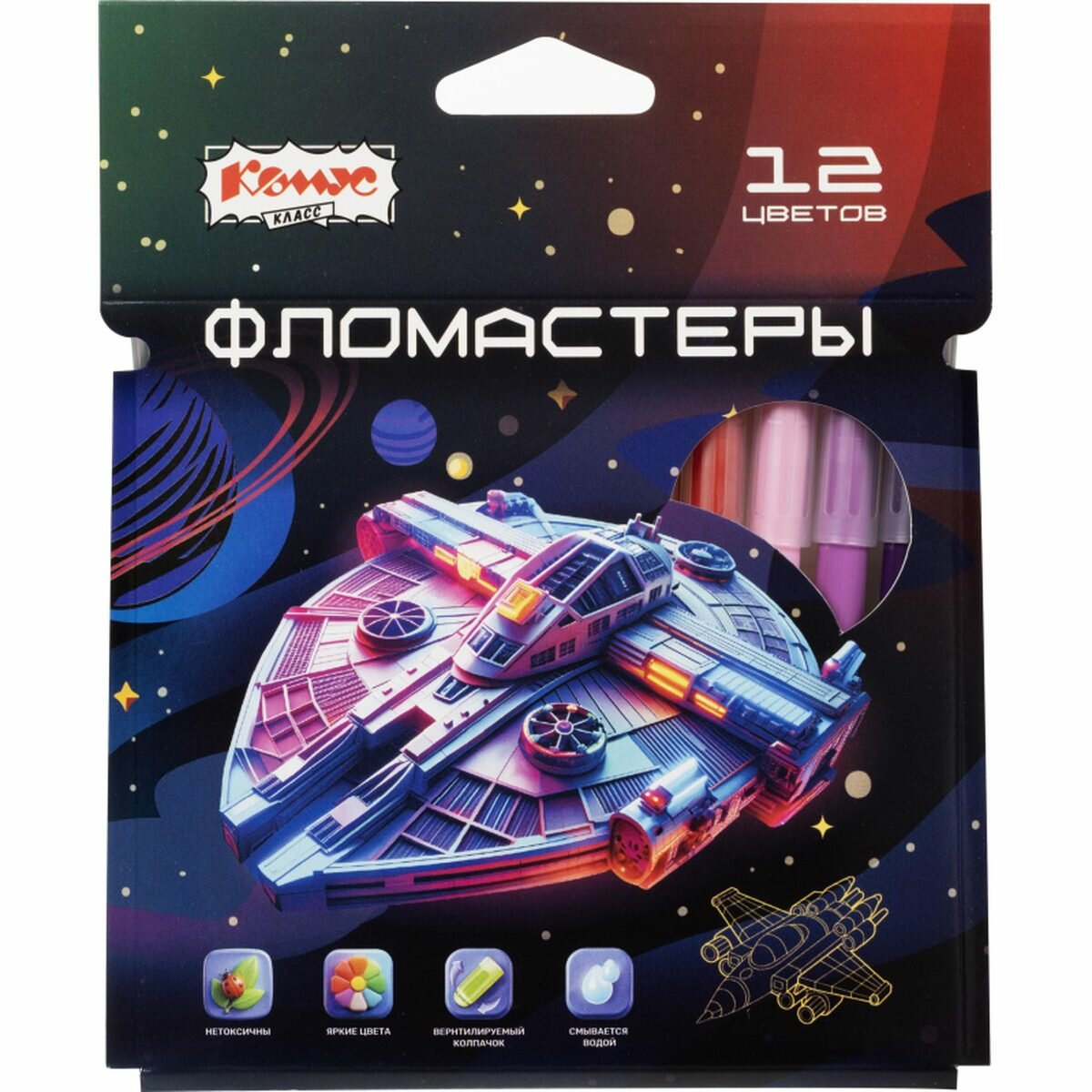 Набор фломастеров 12 цветов Комус Класс Star way (линия 1-3мм, смываемые) картон. уп. (2162243), 28 уп.