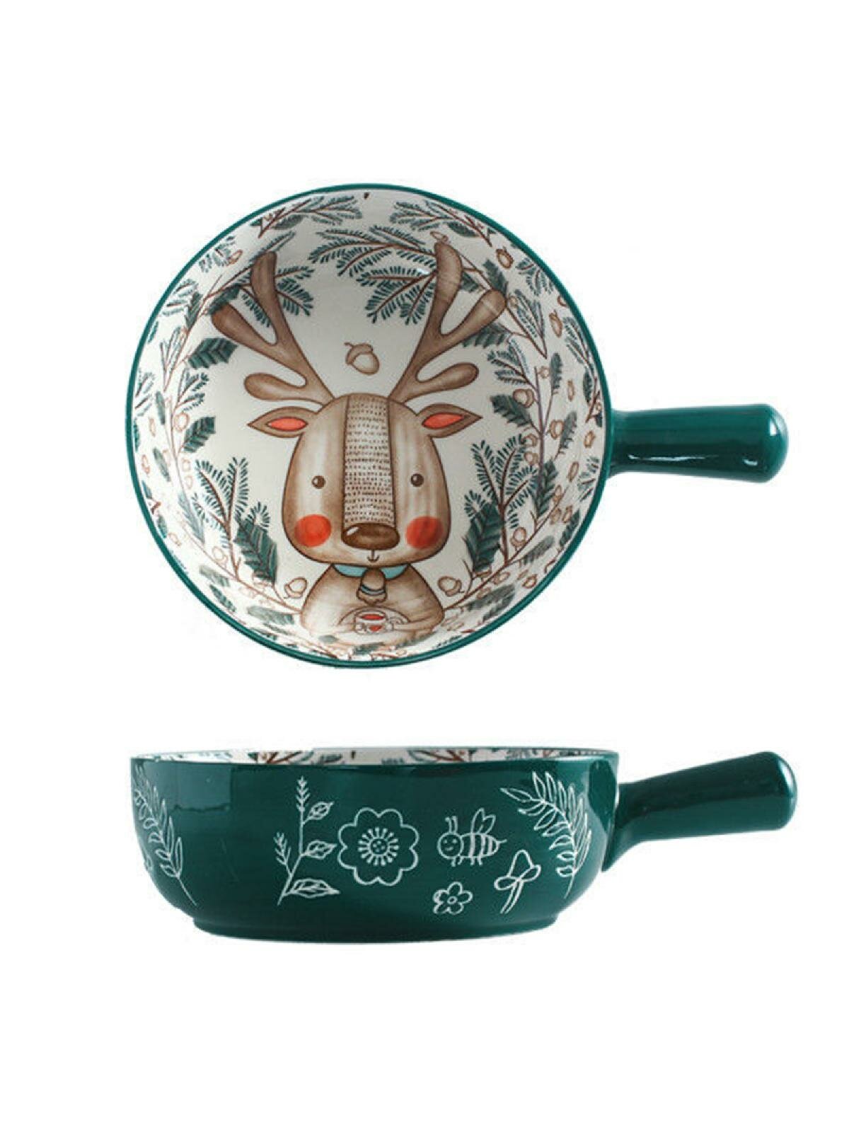 Керамическая миска с ручкой в скандинавском стиле для завтрака с лапшой и фруктами, дизайн с изображением лесных животных