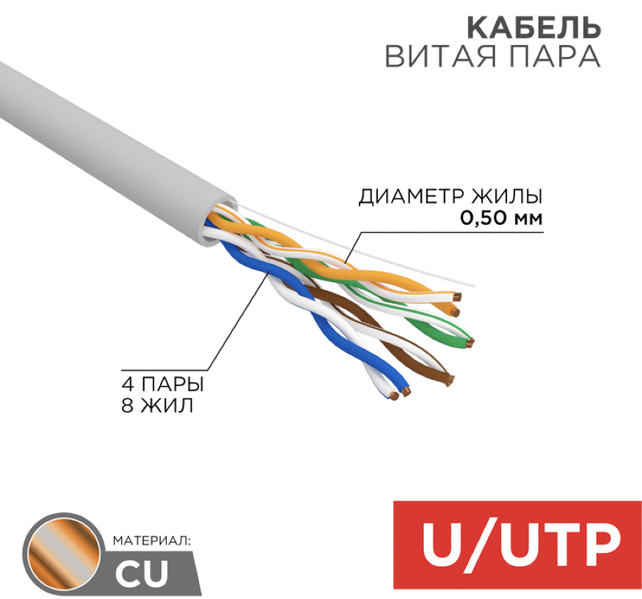 Кабель информационный REXANT / Рексант Indoor solid 24AWG 4PR, витая пара, медь PVC, серый, U/UTP, cat5e, 4 пары, 4.9мм, 305м / электрика