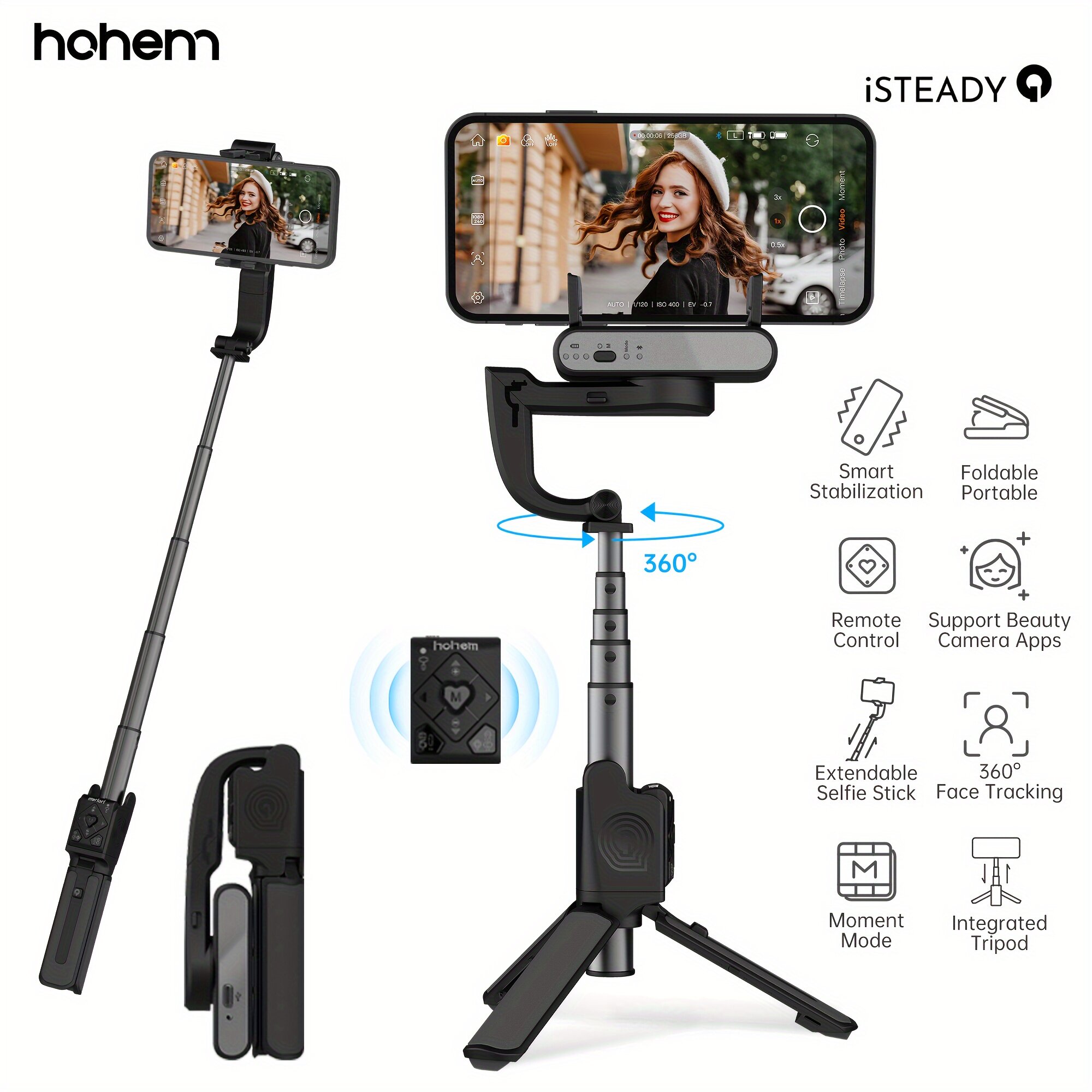 Hohem iSteady Q Селфи-стик с стабилизатором для смартфона, 2 оси, отслеживание лица и 360° вращение, штатив с беспроводным пультом дистанционного управлени