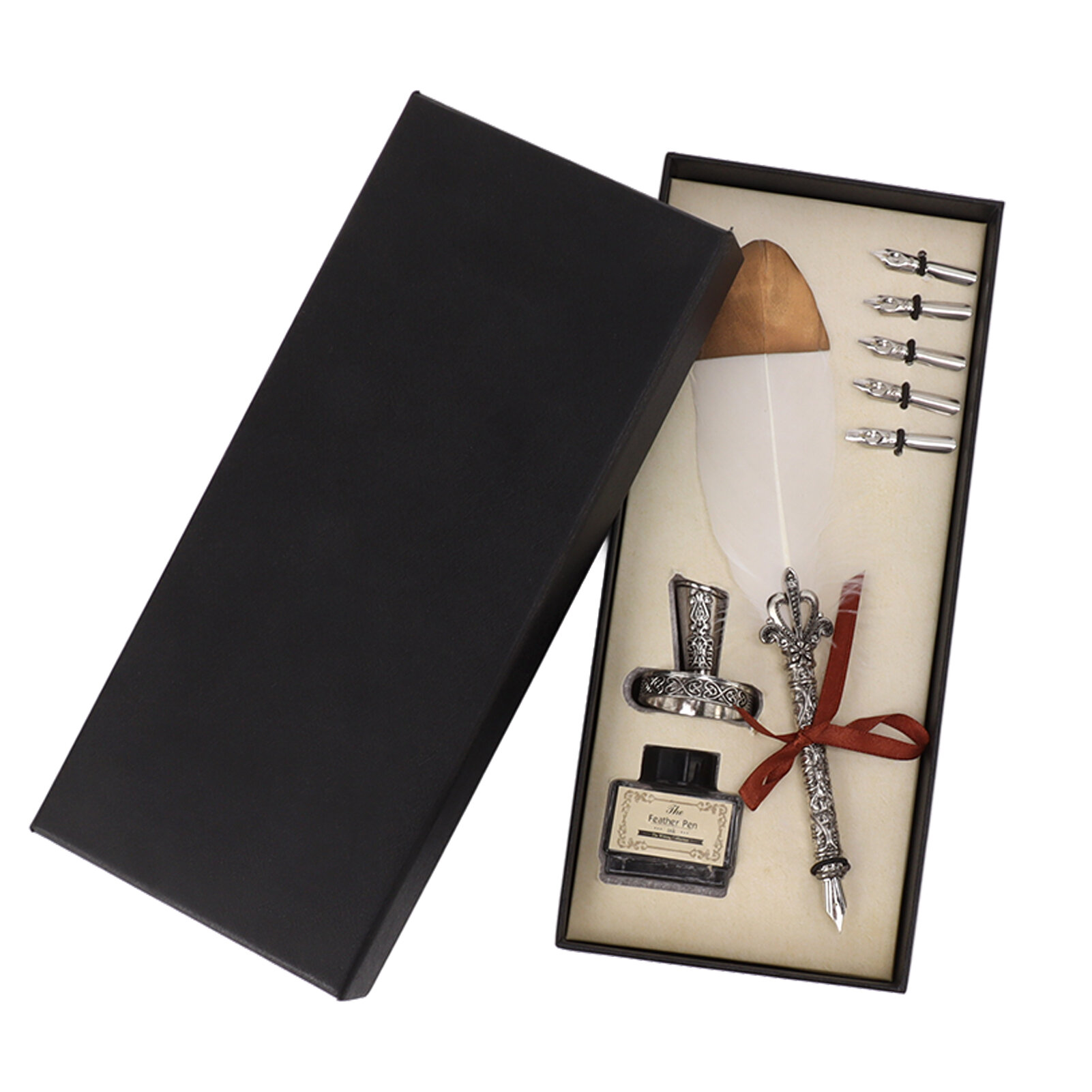 Набор гусиных ручек, старинные изысканные 5 сменных наконечников, перьевая ручка с чернильницей для мужчин и женщин