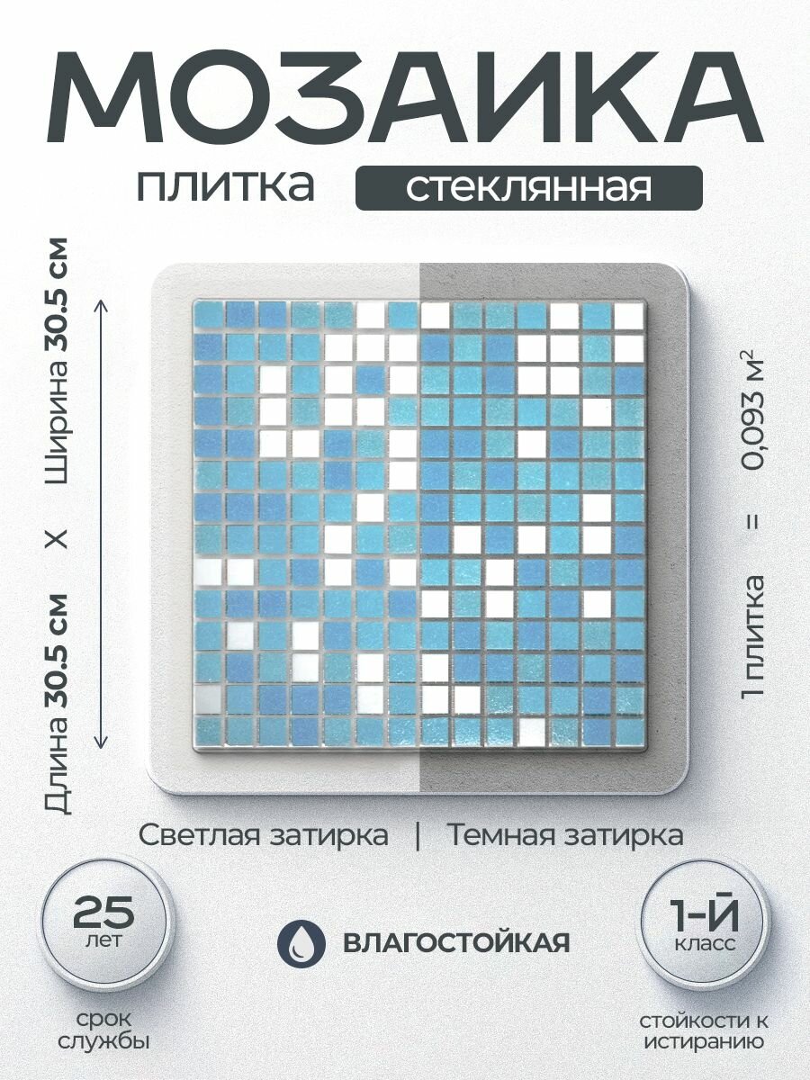 Плитка мозаика для ванной комнаты MIRO (серия Einsteinium №301), моющаяся высокопрочная, размер плитки 30.5х30.5см, упаковка 1 штука на сетке, 0,093 м2