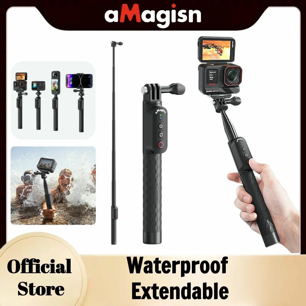 AMagisn Монопод Bluetooth Selfie Stick, 10 метров Водонепроницаемый 100 см Выдвижная палка для мобильных телефонов Gopro Insta360 X4 X5 Аксессуары-1-4