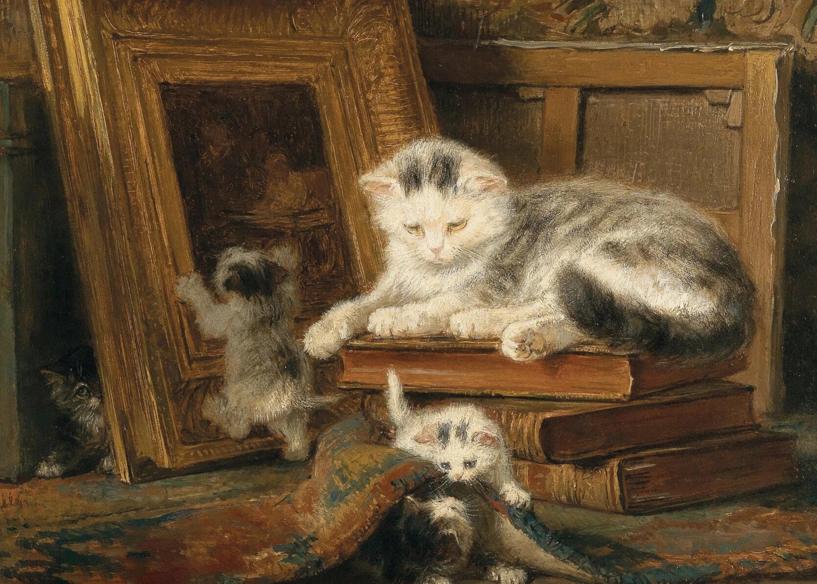 Картина с котом и щенками, 20x30см, без рамы, Цвет: 1