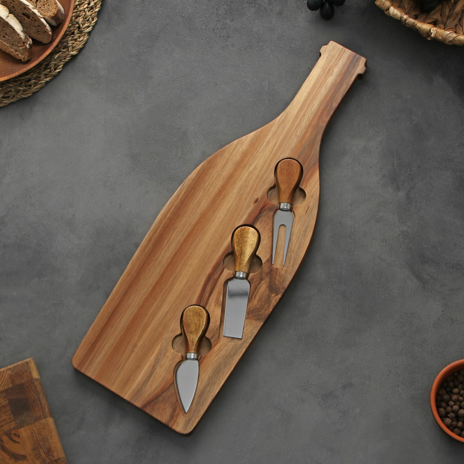 Набор для подачи сыра Bottle, 3 ножа, 48x17x1.5 см, акация, форма: фигурная