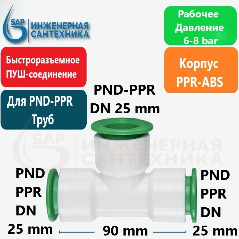 Тройник для ПНД и ППР труб, DN 25-25-25, Пуш фитинг, 2 Штуки