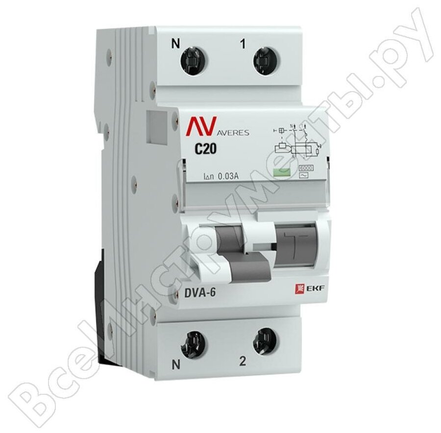 Автомат дифференциальный EKF Averes DVA-6 20А 30 мА 1P+N тип АС 6 кА (rcbo6-1pn-20C-30-ac-av)