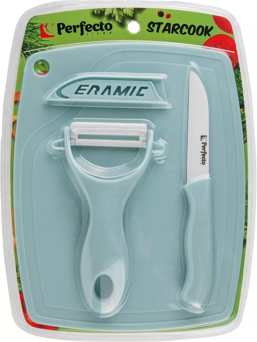Набор кухонных принадлежностей (нож, овощечистка, доска), STARCOOK, PERFECTO LINEA, голубой (21-002022)
