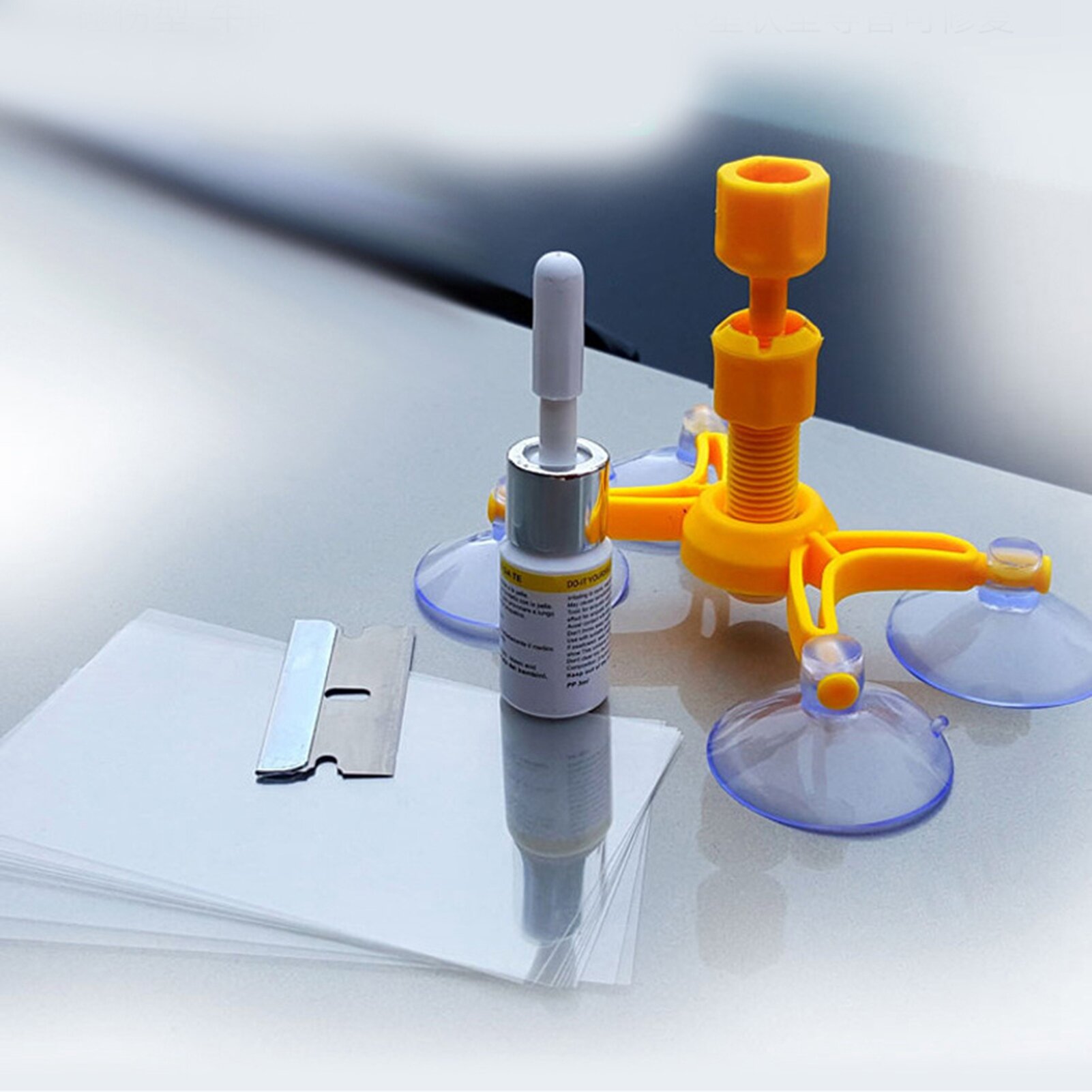 Набор для ремонта трещин на лобовом стекле с прочными присосками и жидкостью для заполнения, Желтый