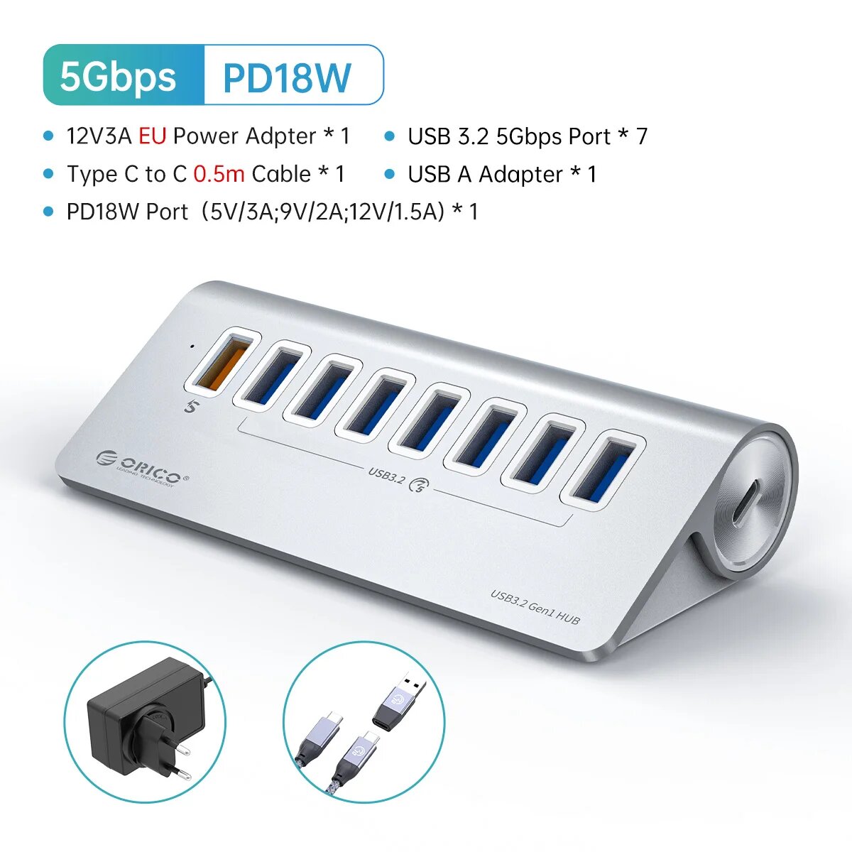 ORICO Aluminum Powered 5Gbps HUB PD18W Charger USB3.2 Type USB C Card Reader Splitter With Power Adapter for MacBook Accessories, 8 Ports, USB 3.1, Aluminum Alloy, Windows / Mac OS / Linux, Powered USB 3.2 HUB, for MacBook Pro PC Computer