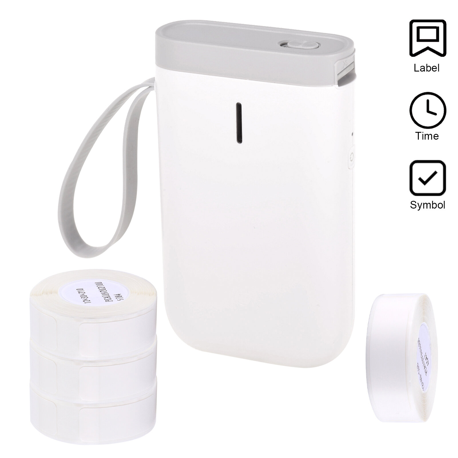 Принтер этикеток портативный термальный ручной для названий и ценок стикеров размером карманного, с подключением по Bluetooth, приложением, 4 рулонами термальной бумаги, белый цвет, ABS + ПК, режим печати термальная линейная, ширина бумаги 15мм, ширина