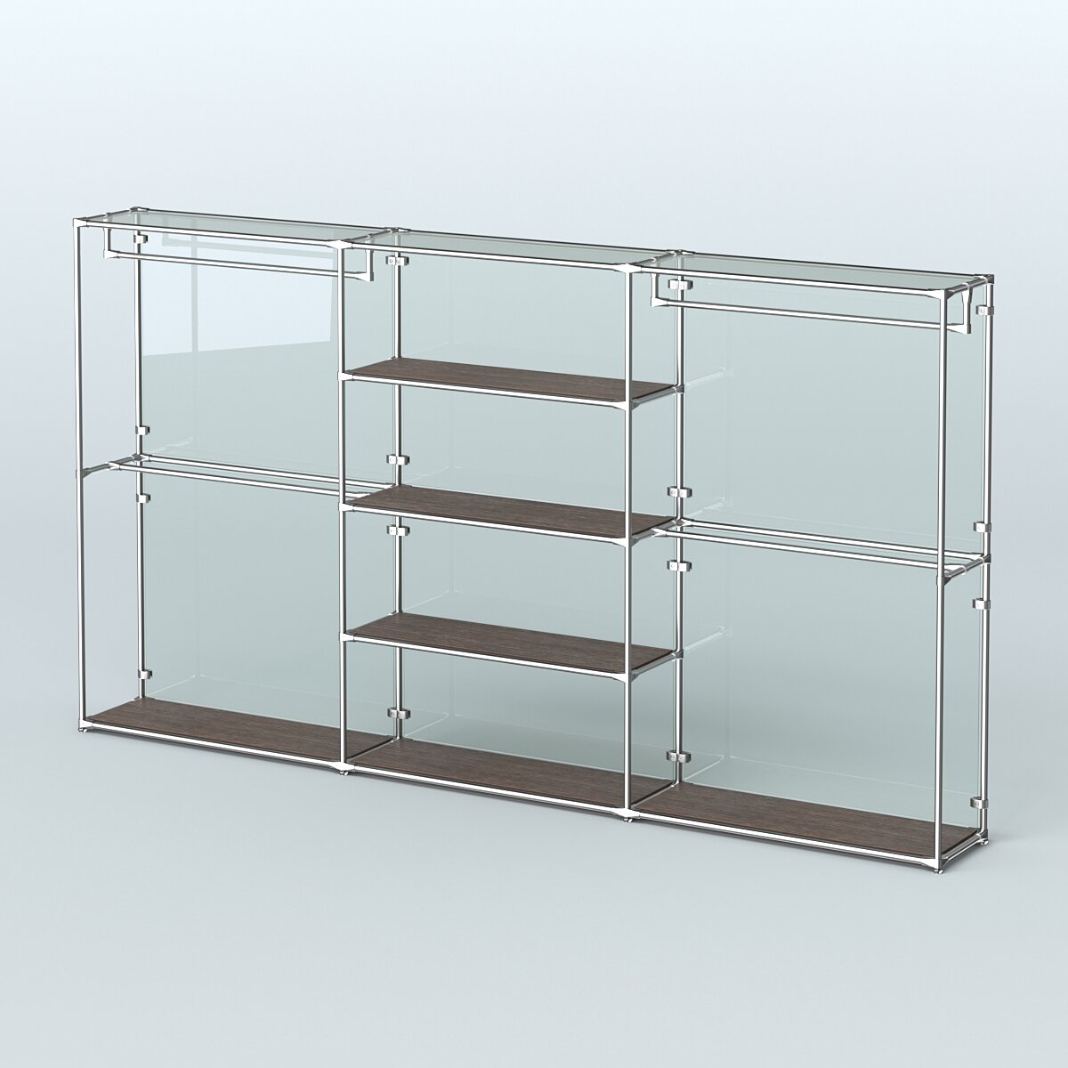 Торговая система хром (задняя стенка - стекло) 3600 мм с полками ДСП и поручнями №2, Дуб Венге