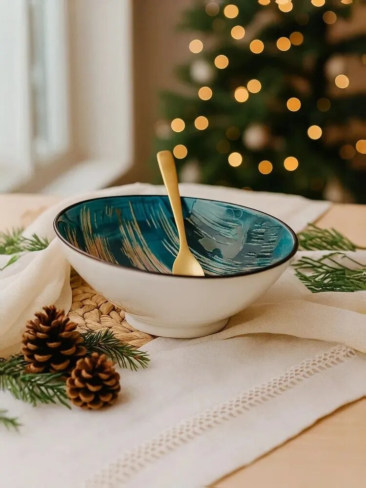 Салатник, тарелка глубокая овальная 1 шт, 500 мл, зеленая"Texture Dark Green" Lines 20*14*6 см. Профессиональный фарфор.