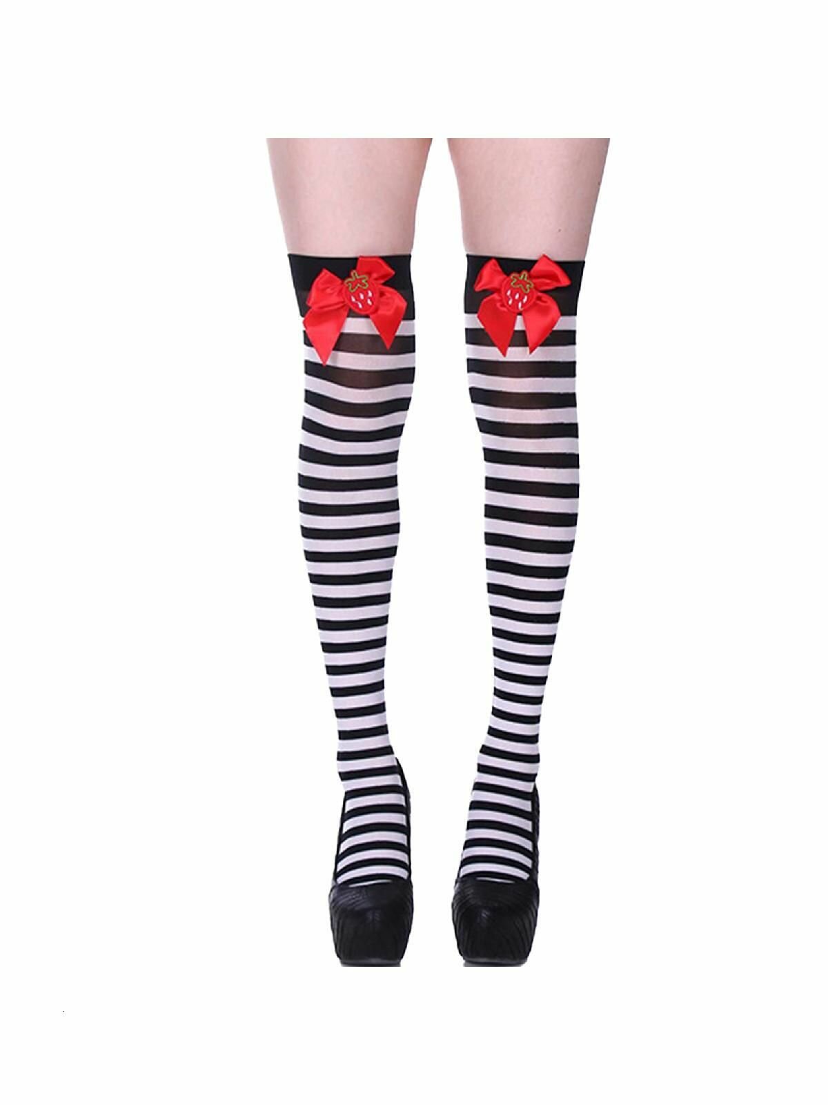 Милые полосатые чулки с клубничными бантами, черно - белая полоса