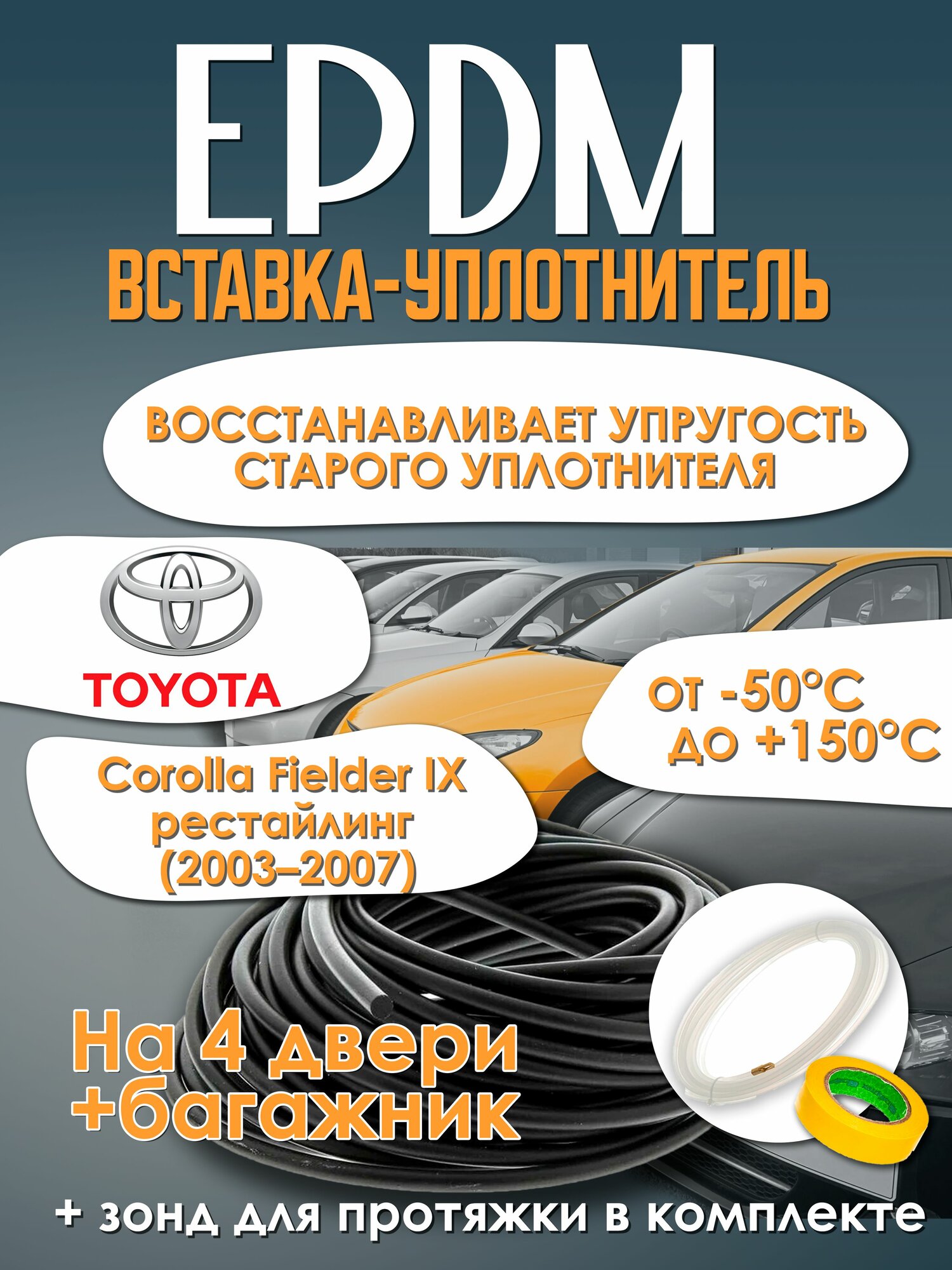 EPDM вставка-уплотнитель для дверей автомобиля Toyota Corolla Fielder IX рестайлинг (2003-2007) / Тойота Королла Филдер 9 поколение рестайлинг